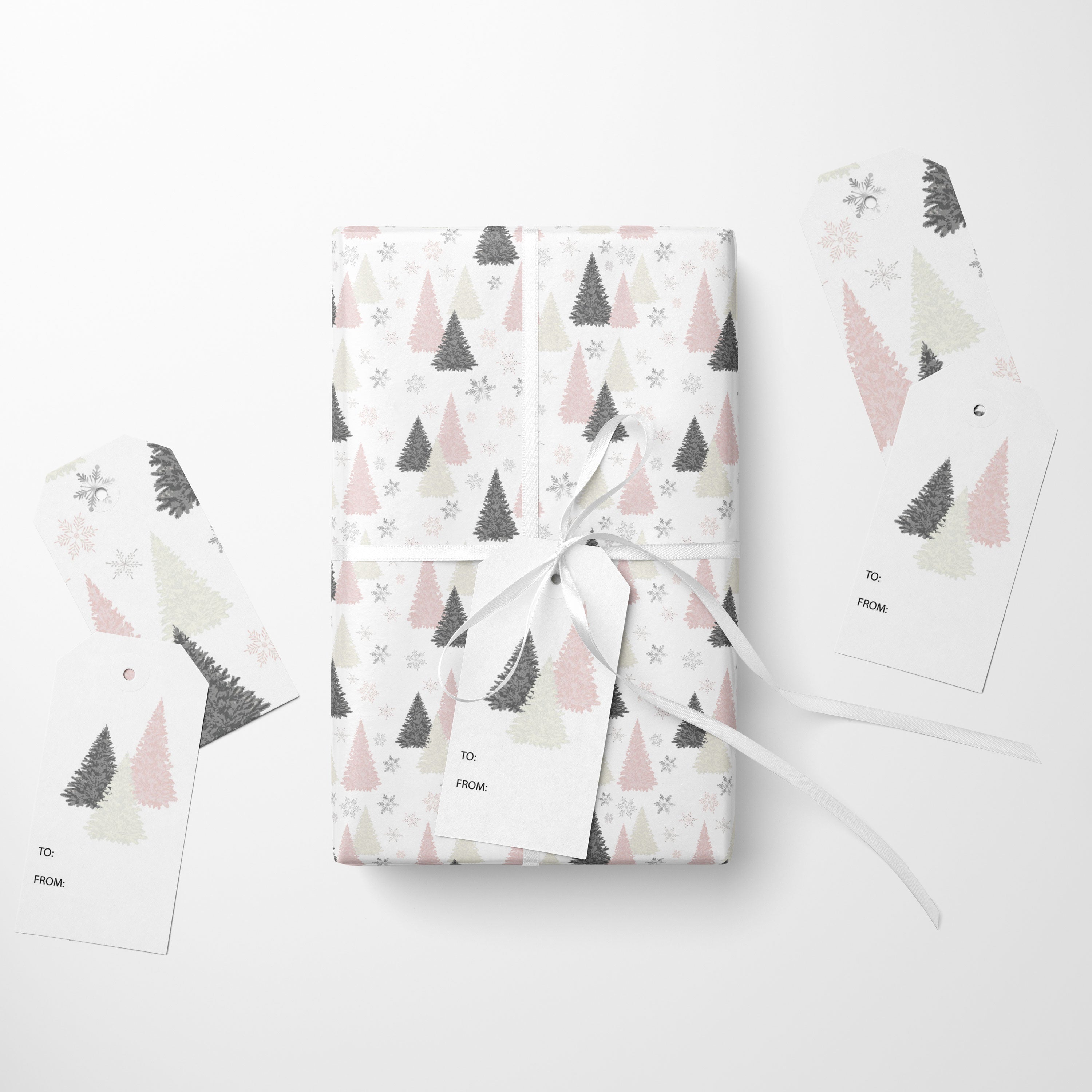 Snowflake Trees in White Wrapping Paper & Gift Tags Bundle Set ...