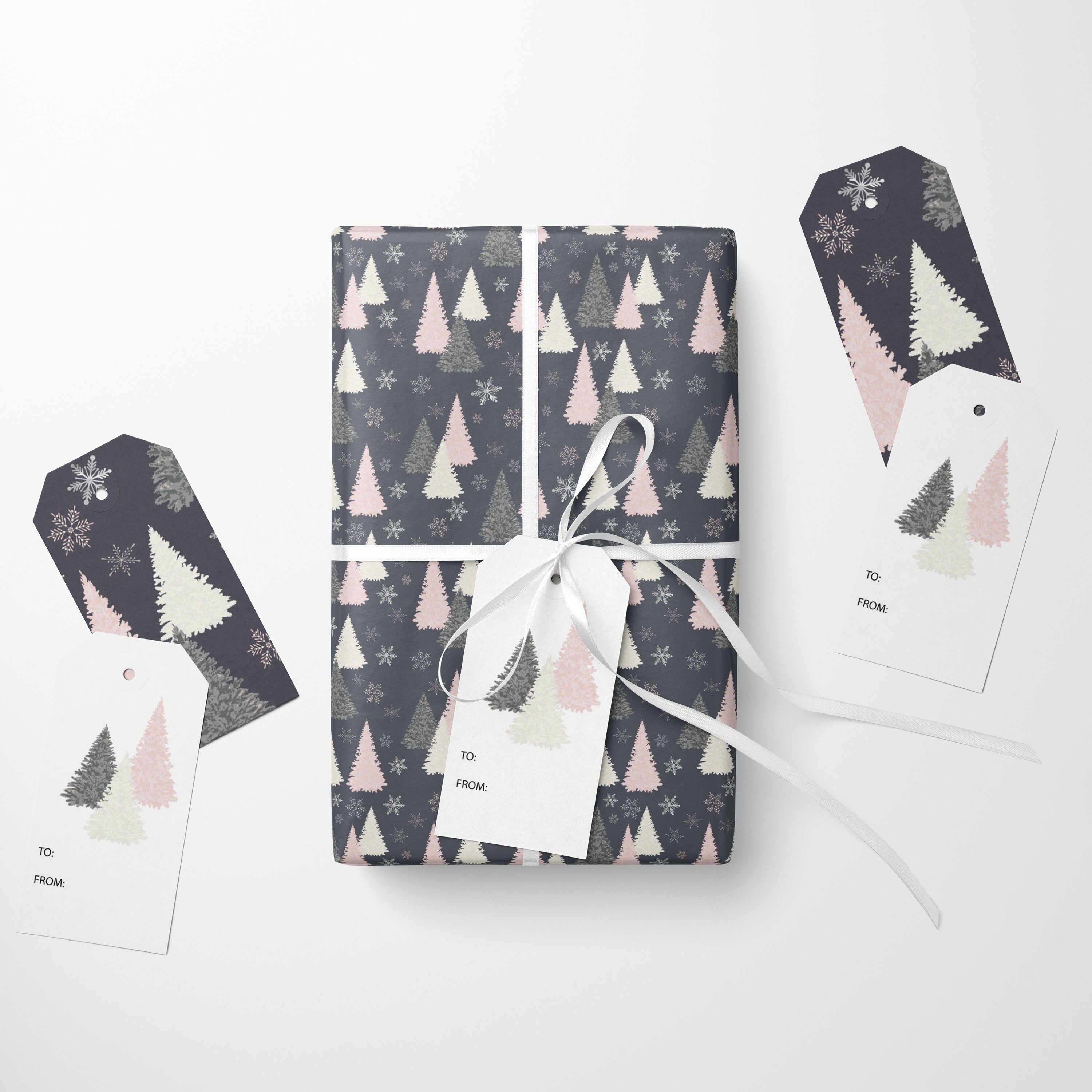 Snowflake Trees in Midnight Blue & Pink Wrapping Paper & Gift Tag Bund ...